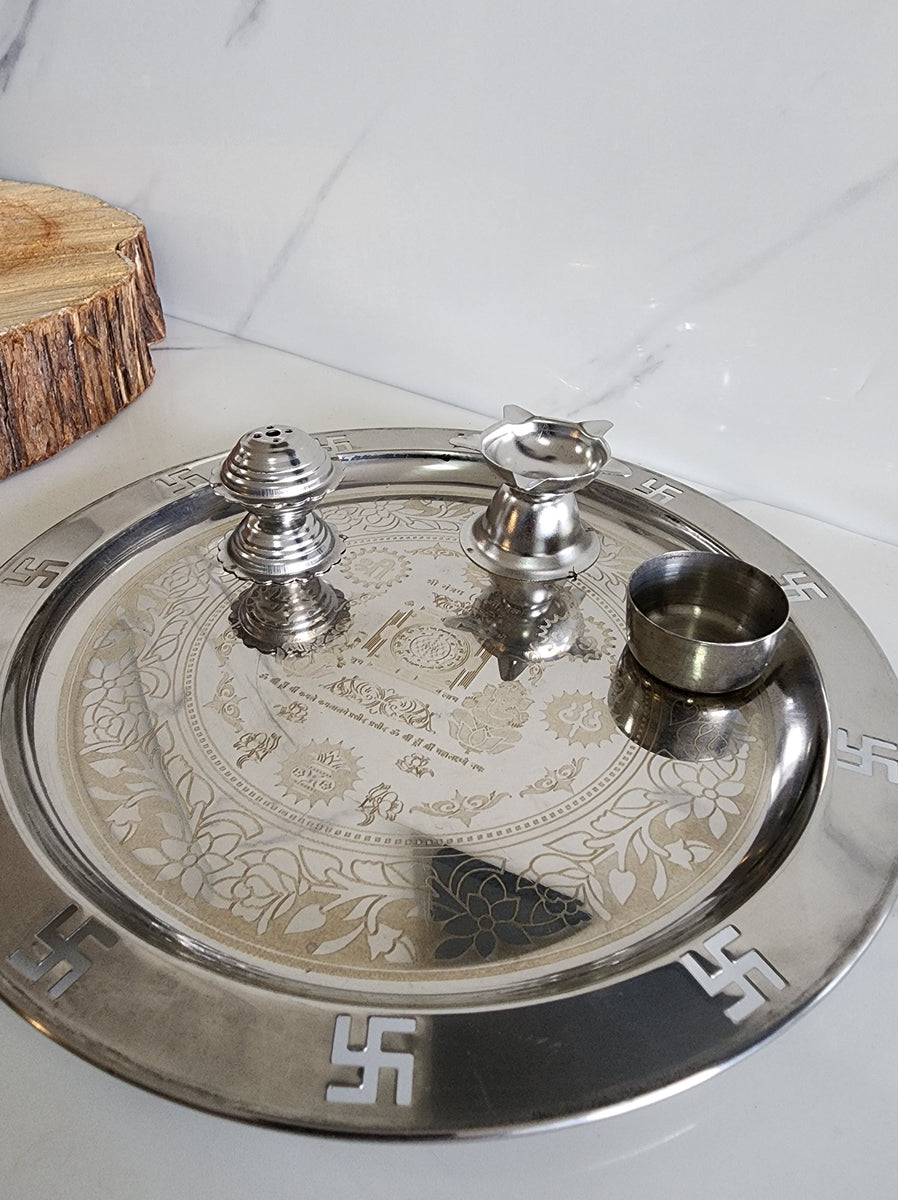 Silver Pooja/Prayer Tray Set with Ganesh and Lakshmi Yantra – The Guru ...